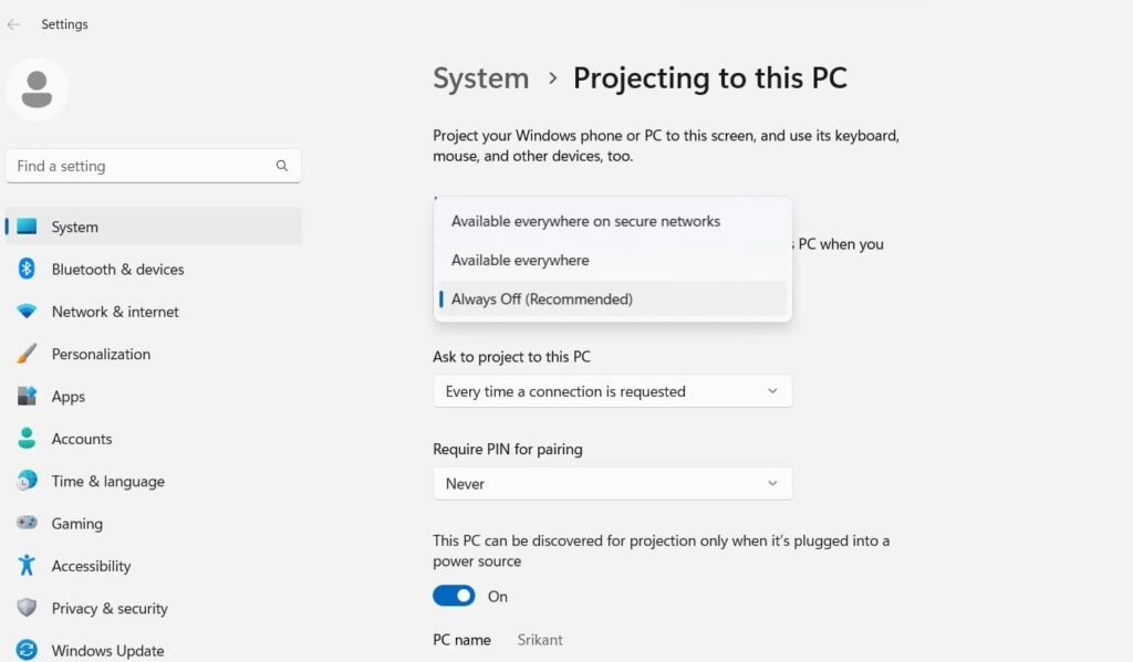 How to connect wireless Display in windows 11 to TV